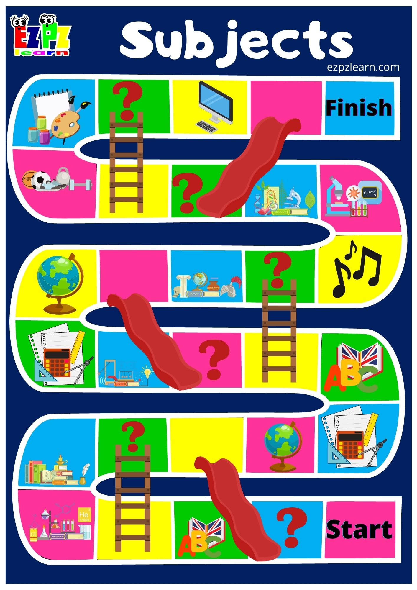 School Subjects Slides And Ladders Game Ezpzlearn